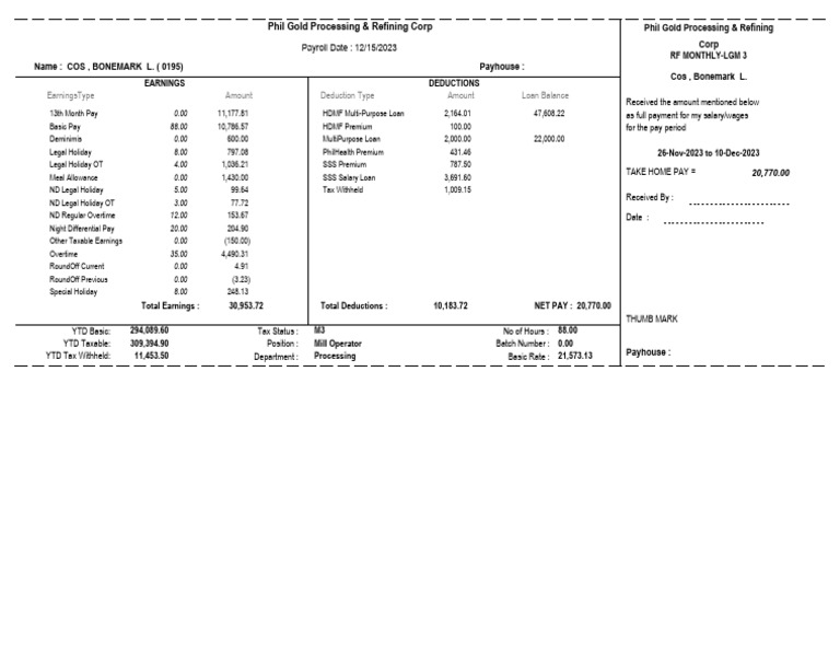 Phil Gold Processing & Refining Corp: RF Monthly-Lgm 3 | PDF | Payroll | Taxation