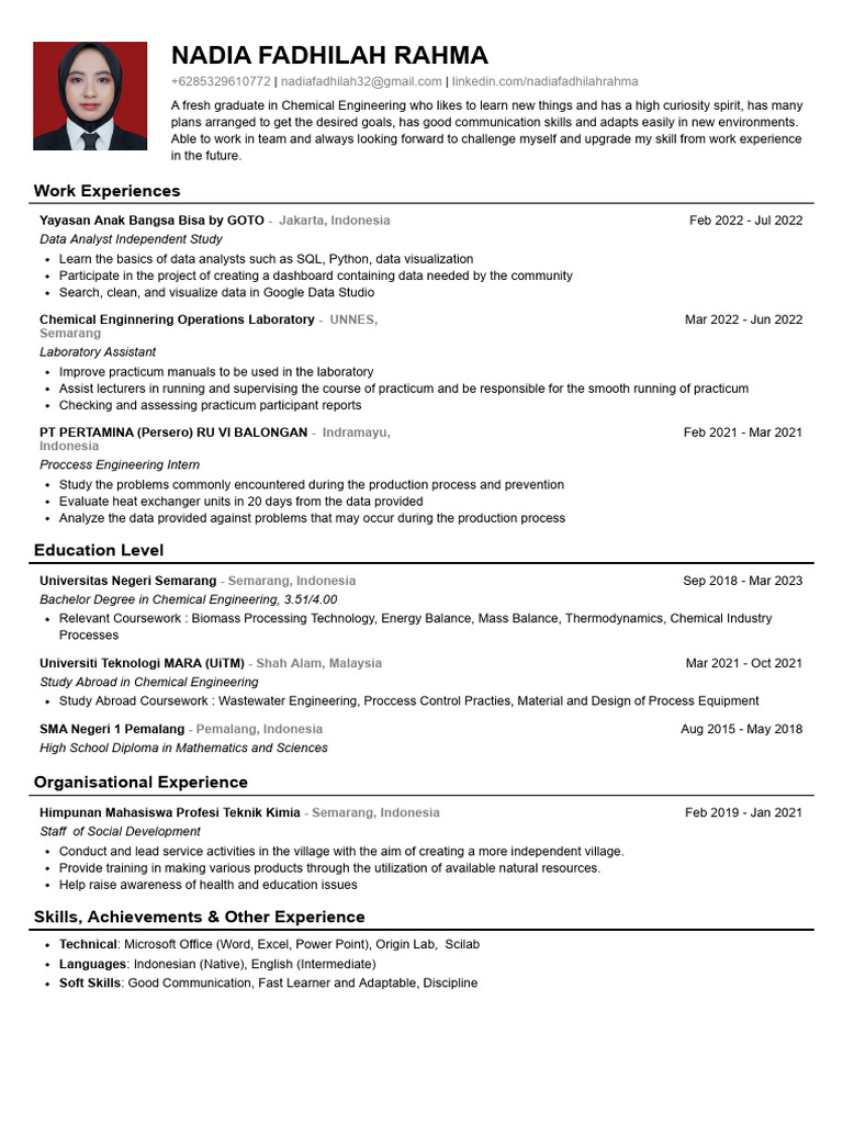 Resume CV - Nadia Fadhilah Rahma | PDF | Laboratories | Engineering
