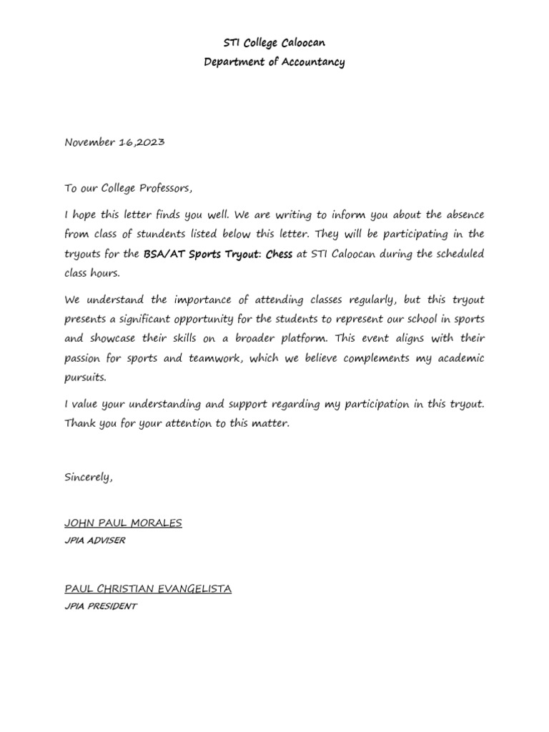 Excuse Letter Tryout | PDF | Sports & Recreation