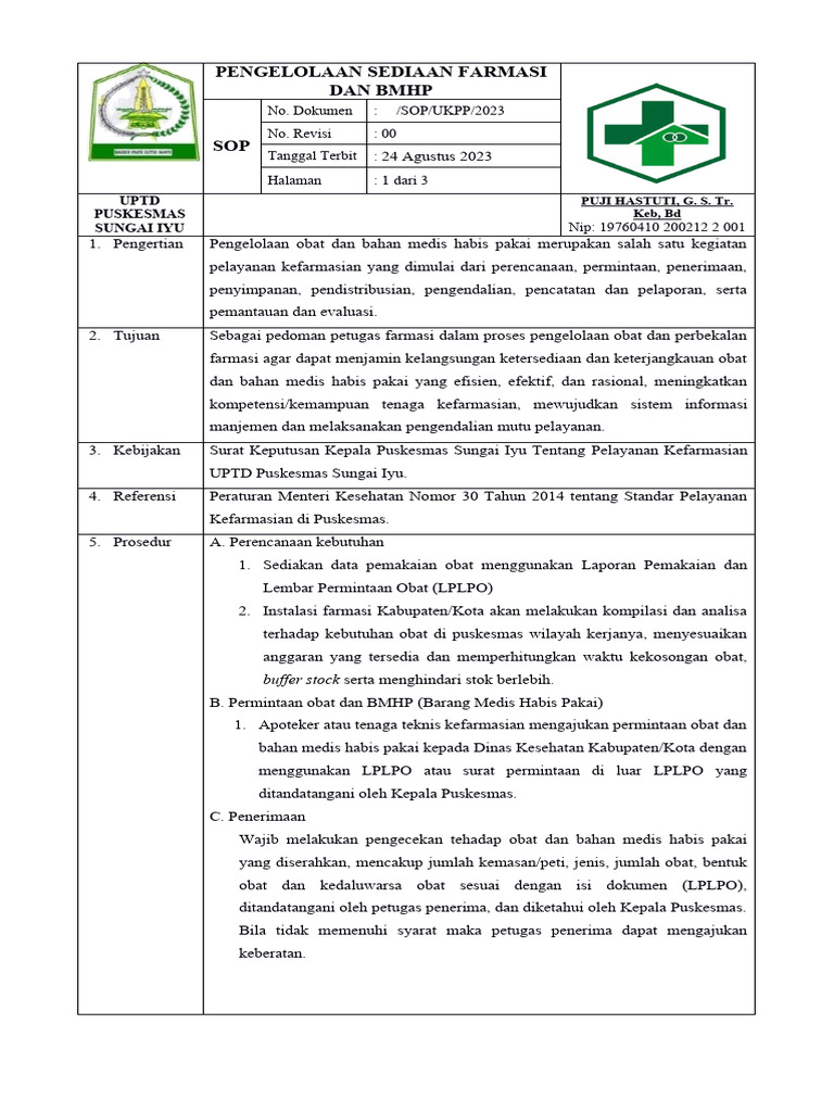 Sop Pengelolaan Sediaan Farmasi Dan BMHP | PDF