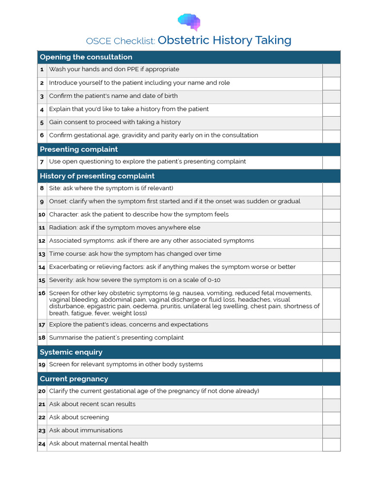 Obstetric History Taking OSCE Checklist | PDF | Pregnancy | Childbirth