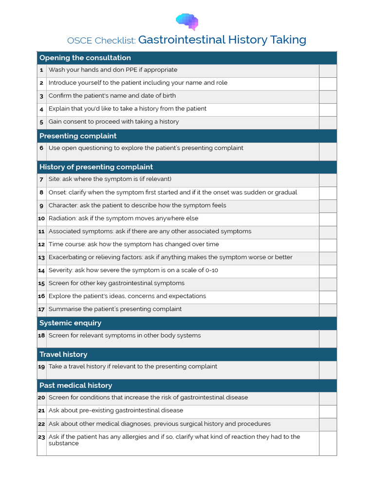 OSCE Checklist Gastrointestinal History Taking | PDF | Medicine ...
