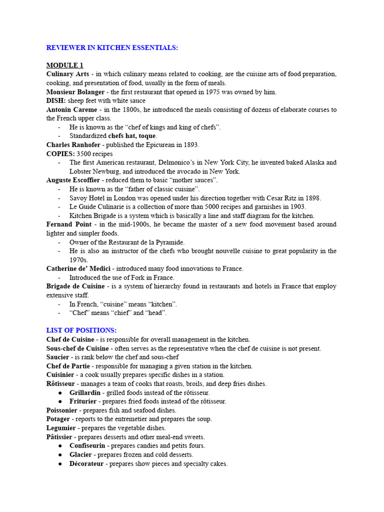 Reviewer in Kitchen Essentials | PDF