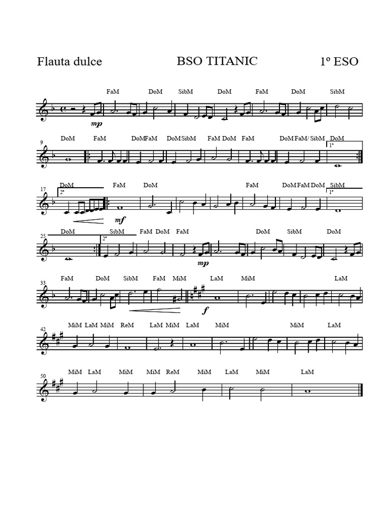 Sheet Music for Recorder: Titanic Theme | PDF