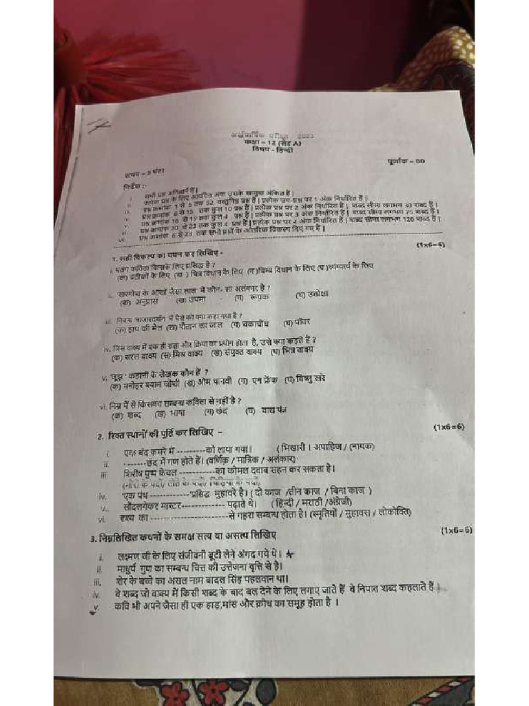 12th Hindi Set-A Clear Printed Paper | PDF