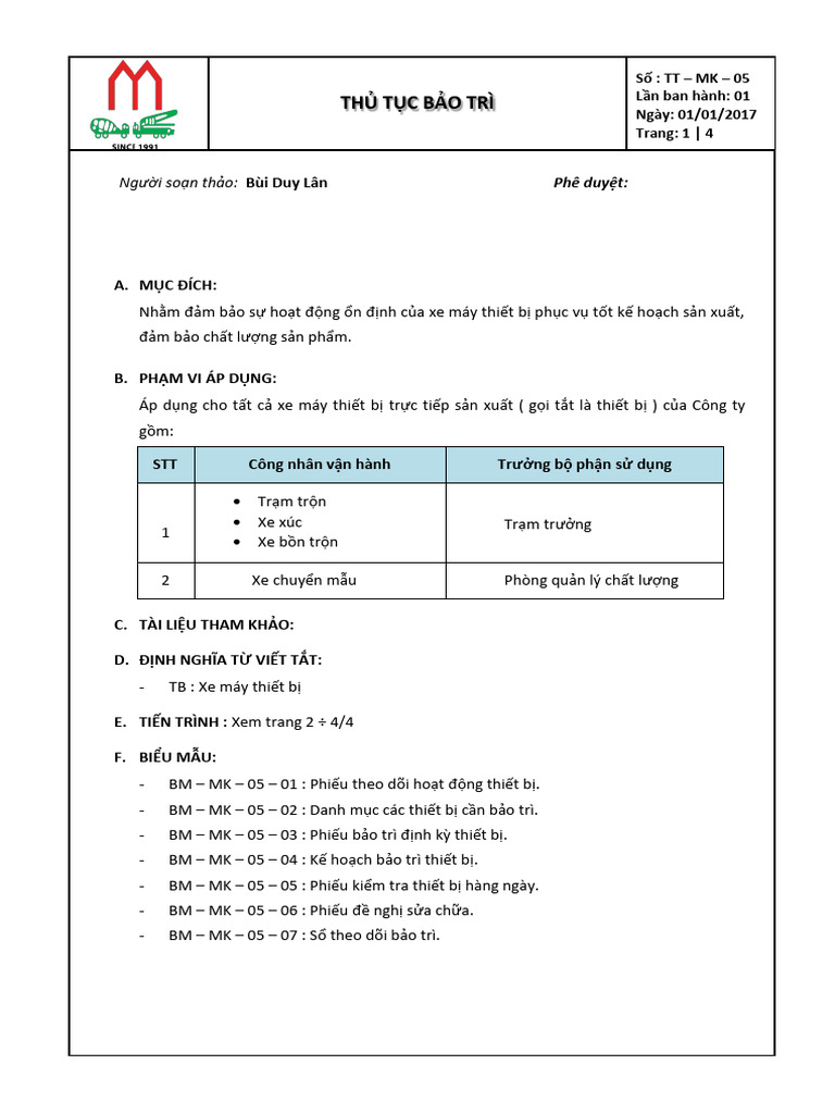 TT - MK - 05 - Thu Tuc Bao Tri | PDF