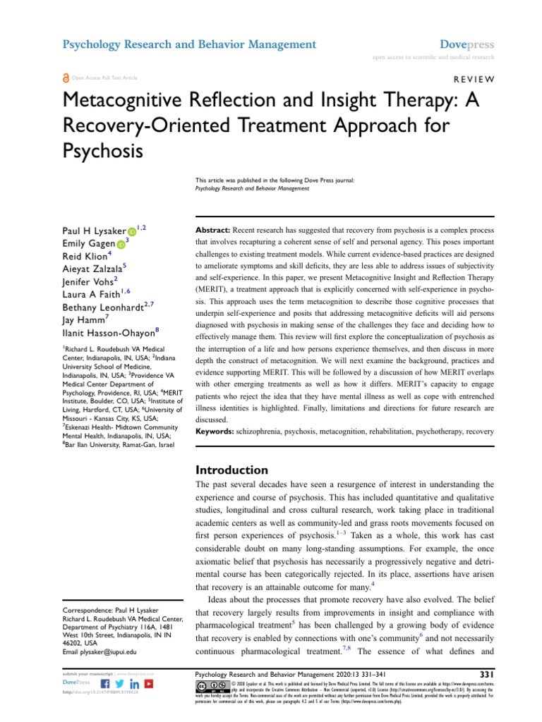 Metacognitive Reflection and Insight Therapy (Lysakker) | PDF | Psychotherapy | Metacognition