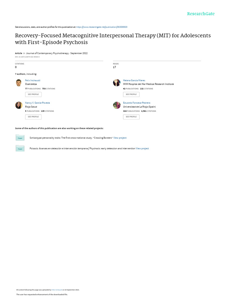 Recovery-Focused Metacognitive Interpersonal Therapy (MIT) For Adolescents | PDF | Psychotherapy ...