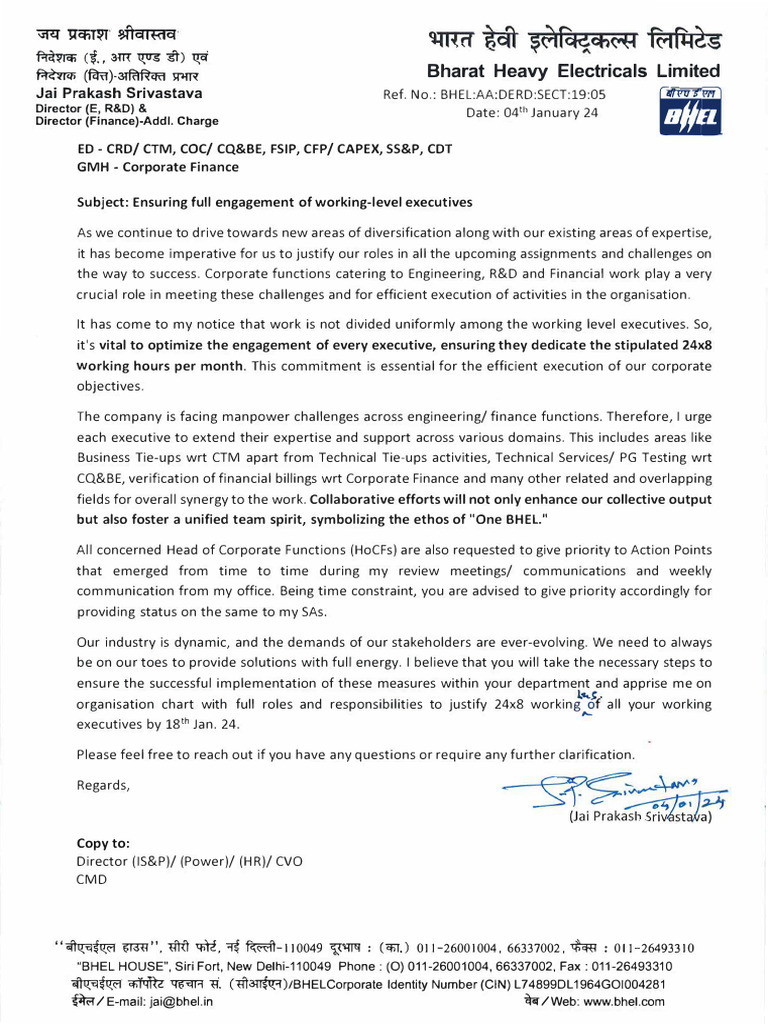 DERD&F (Adl CHRG) Letter Ensuring Full Engagement of WRKG-LVL ...