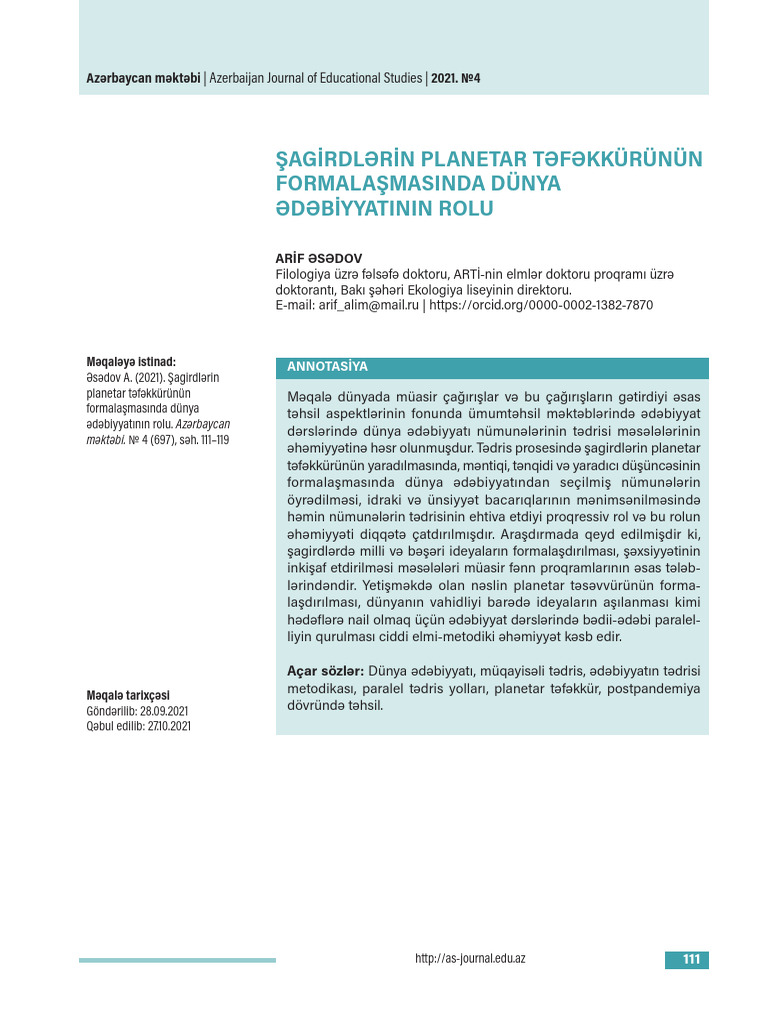 Şagirdlərin Planetar Təfəkkürünün Formalaşmasinda Dünya Ədəbiyyatinin ...