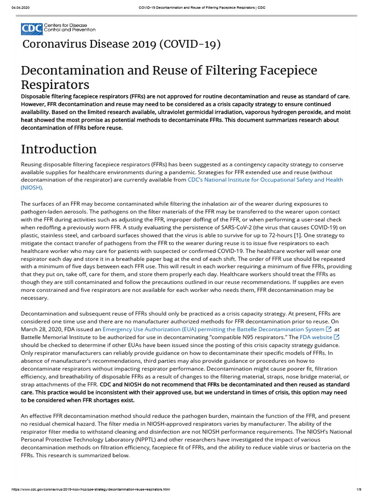 COVID-19 Decontamination and Reuse of Filtering Facepiece Respirators ...