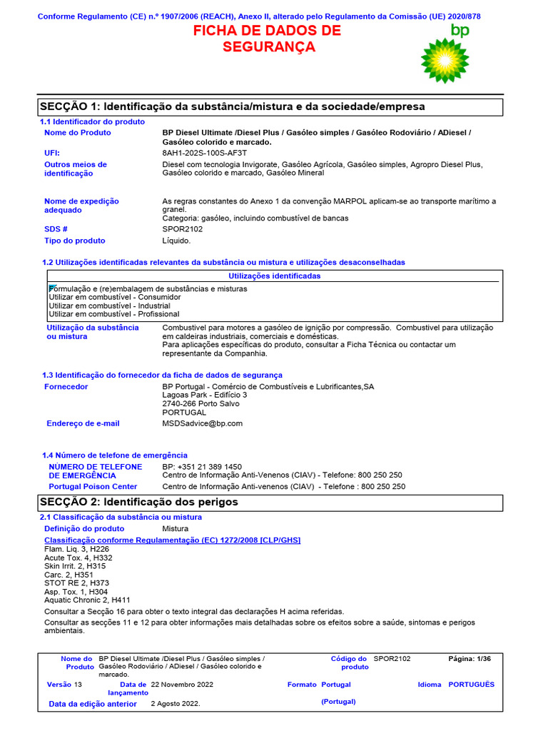 Ficha de Segurança - BP - Diesel PT | PDF | Diesel | Águas residuais