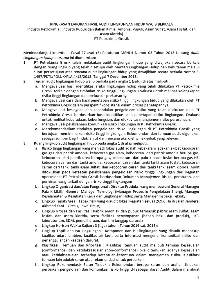 Ringkasan Audit LH Petrokimia Gresik I 200923 | PDF | Hukum | Sains & Matematika