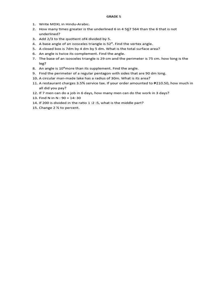 Grade 5 Math Problem Set Solutions | PDF | Career & Growth | Language ...