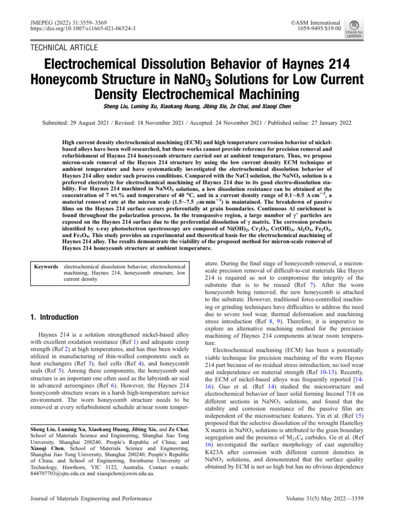 Electrochemical Dissolution Behavior of Haynes 214 | Download Free PDF ...