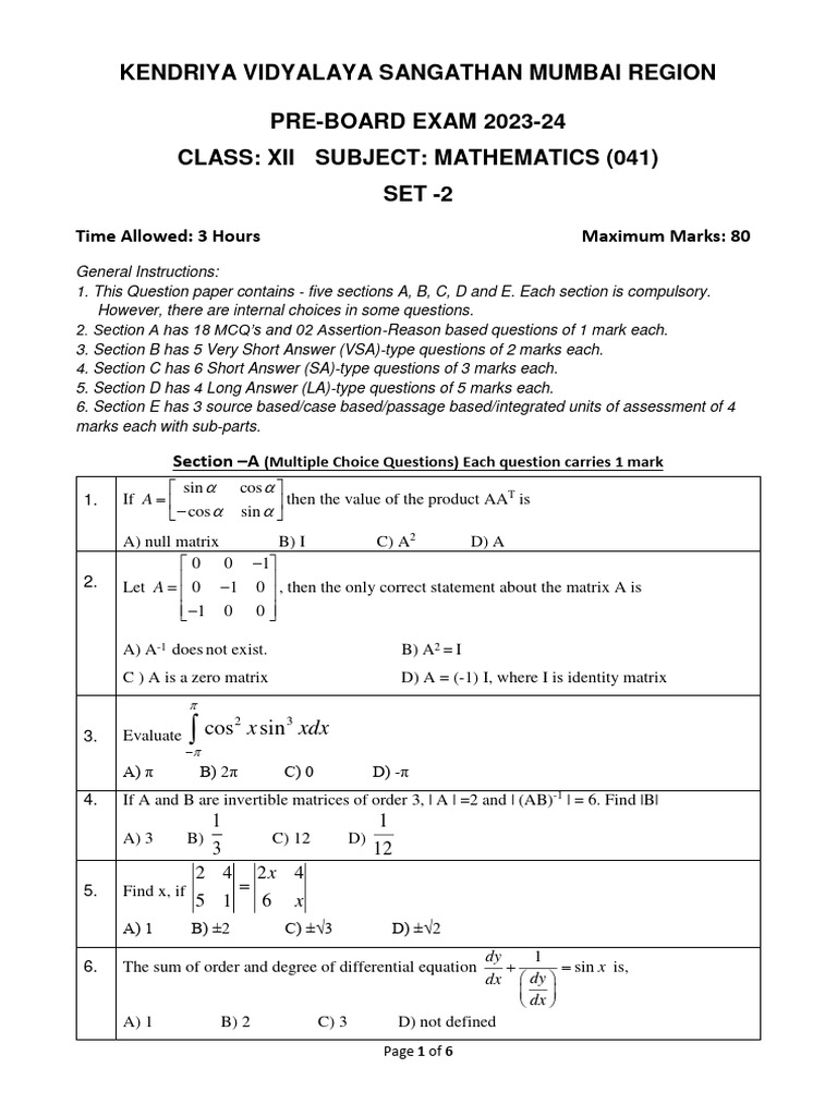 QP 12 Math PB 2023-24 Set 2 | PDF | Matrix (Mathematics) | Mathematical Objects