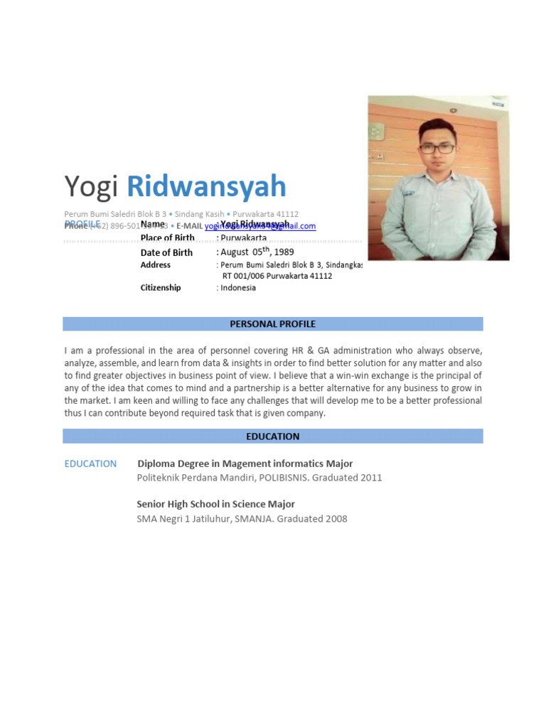 CV Yogi Ridwansyah-1 | PDF | Employment | Human Resources