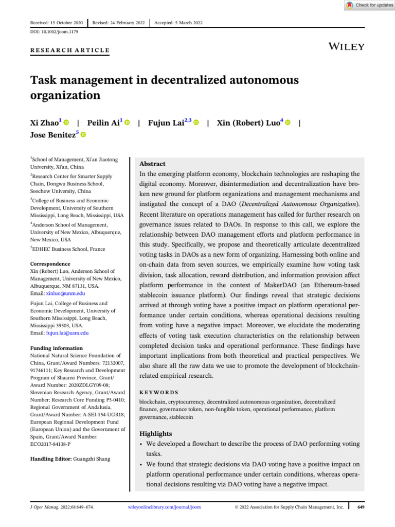 J of Ops Management - 2022 - Zhao - Task Management in Decentralized Autonomous Organization 2 ...