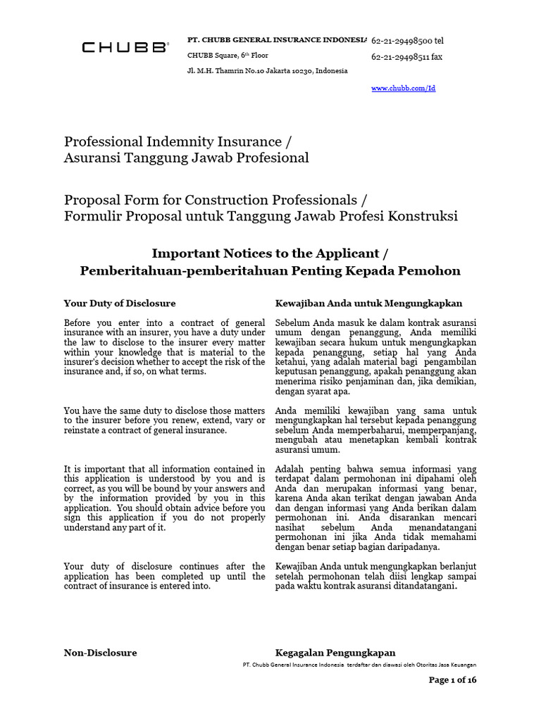 Chubb PI Proposal Form - Construction Professionals | PDF