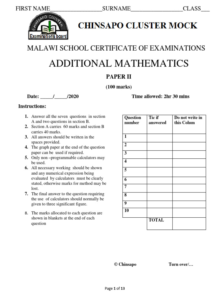 2020 Chinsapo Cluster Msce Mock Examinations Paper 2 | PDF | Statistics | Mathematics