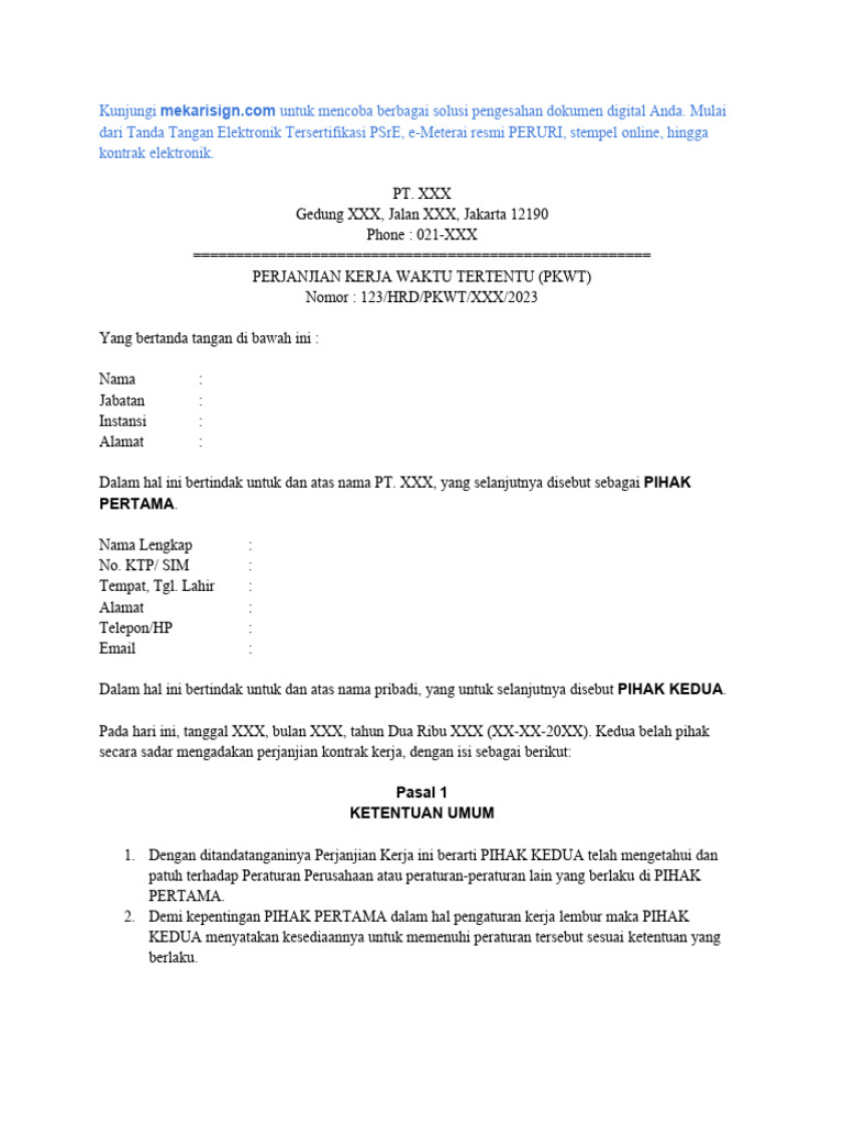 Kontrak Kerja Pkwt Perjanjian Kerja Waktu Tertentu Pdf