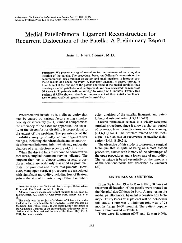 Medial Patellofemoral Ligament Reconstruction For Recurrent Dislocation ...