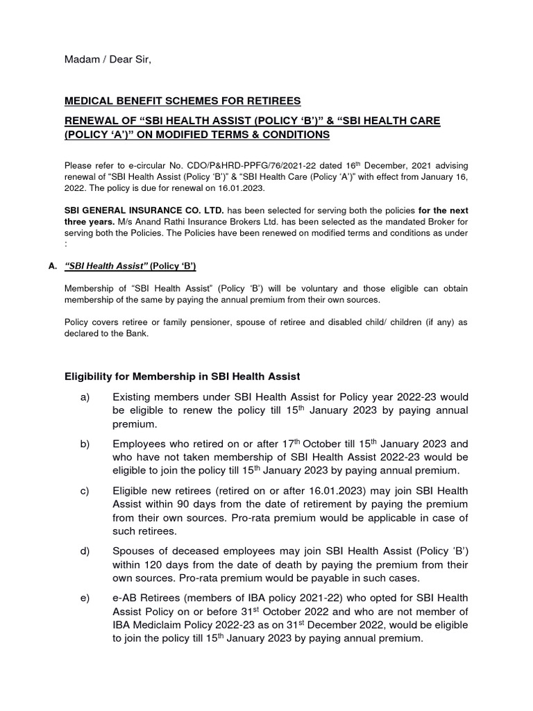 Details of Sbi Health Assist' & Policy A' Renewal On 16th January, 2023 ...