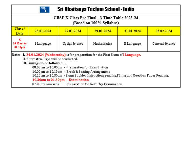CBSE X Class Pre Final - 3 Time Table 2023-24 | PDF