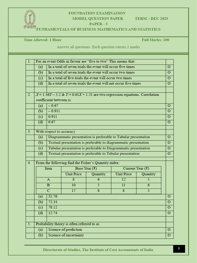 MQP Paper 3 Dec 23 | PDF | Mean | Regression Analysis