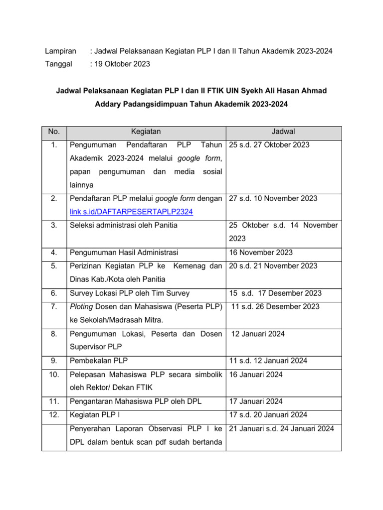 Lampiran Jadwal Kegiatan PLP 2024 | PDF