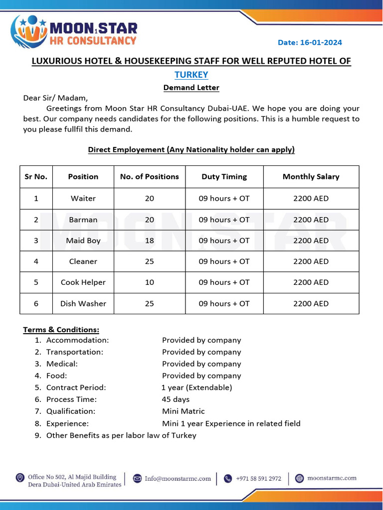 Luxurious Hotel & Housekeeping Staff Demand Letter For Turkey | PDF