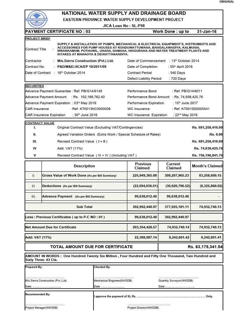 EP 10 - Payment Certificate - 03 As at 31st January 2016 | PDF | Pump | Valve