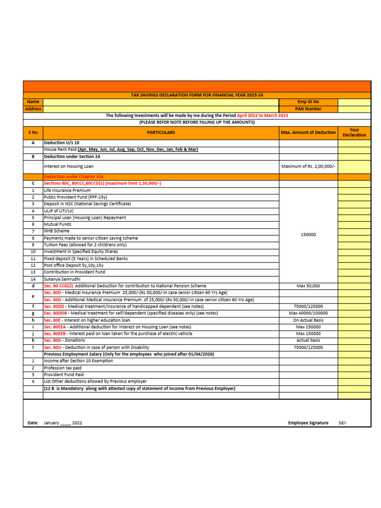 Employee Tax Declaration - FY 22-23-DBMP | PDF | Loans | Tax Deduction