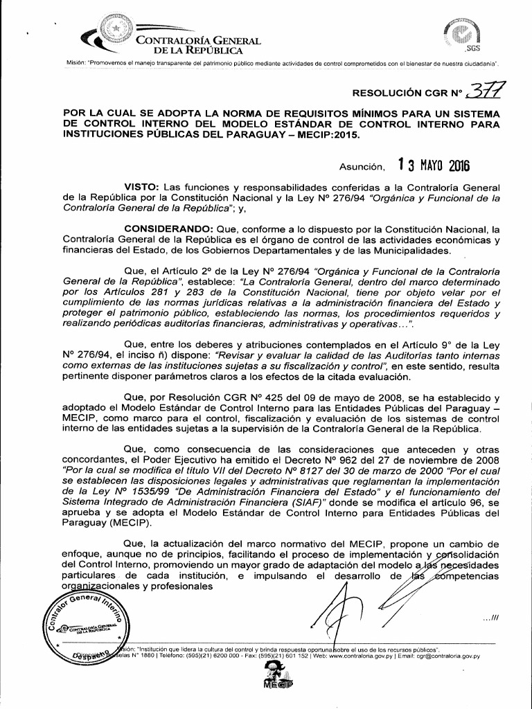 RES CGR 377-16 Requisitos Minimos MECIP - 2015 | PDF
