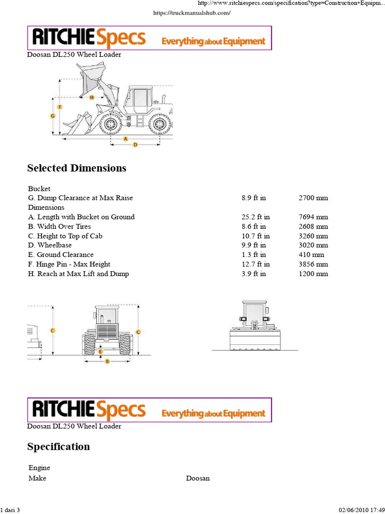 Doosan DL250 Wheel Loader Spec | Download Free PDF | Loader (Equipment) | Pump