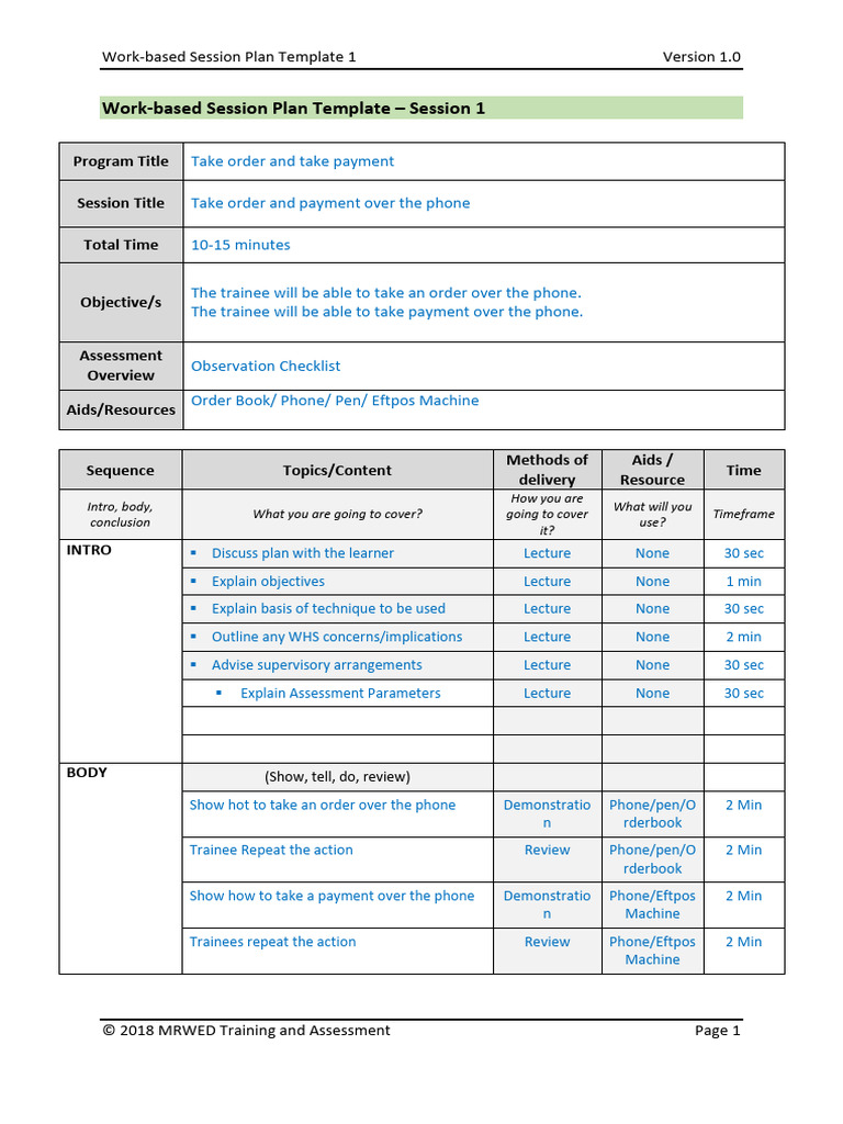 7b. Work-Based Session Plan Template 1 | PDF | Human Communication ...