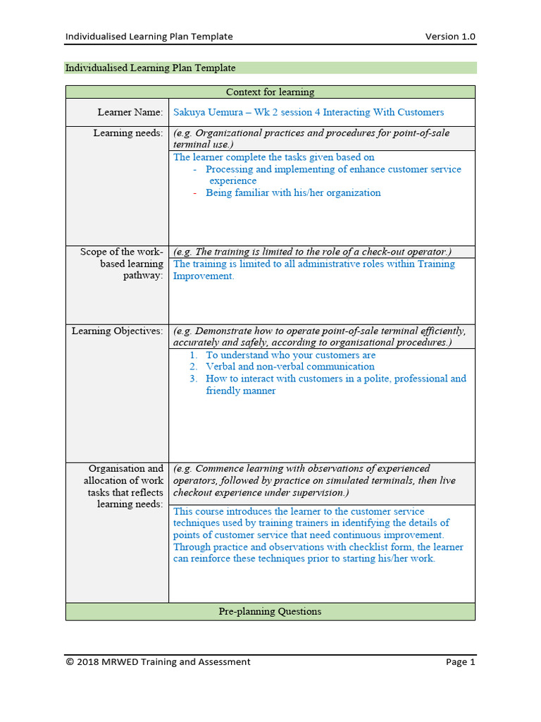 7a. Individualised Learning Plan Template 1 | PDF