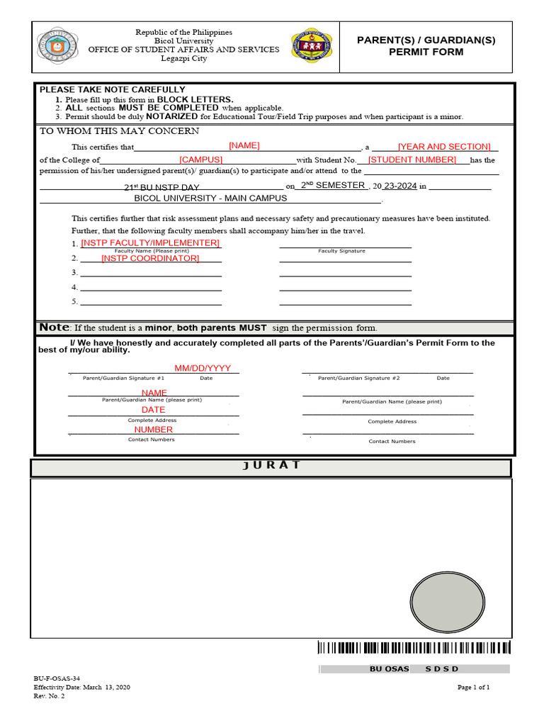 JURAT Form NSTP Day 2nd Sem | PDF