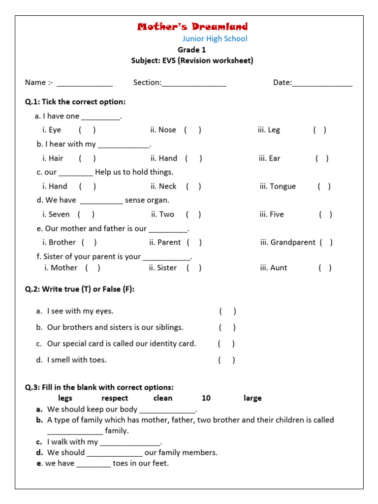 Evs Revision Worksheet Grade 1 Pdf Senses