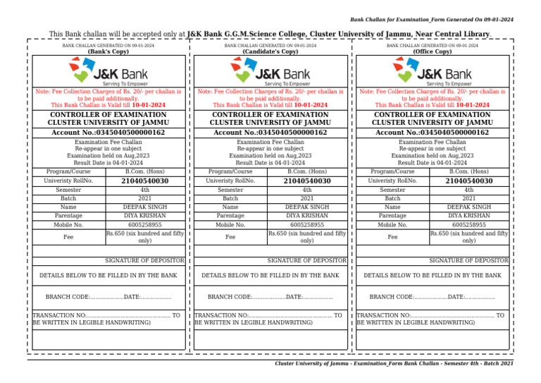 Examination Form BankChallan Semester 4 Batch 2021 | PDF | Service ...