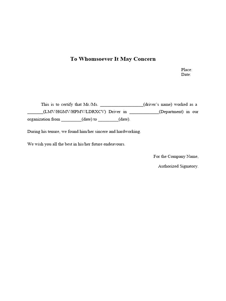 Driver Experience Certificate Format 1 | PDF