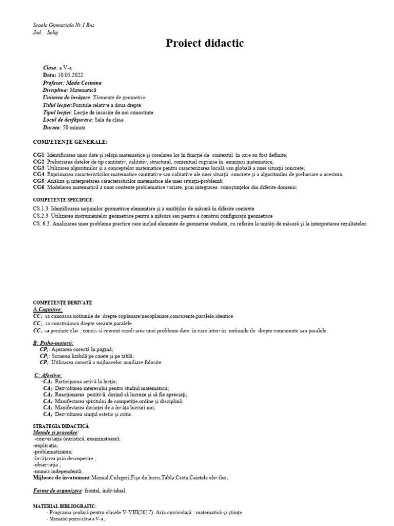 Clasa A V-A - Pozitiile - Relative - A - Doua Drepte | PDF