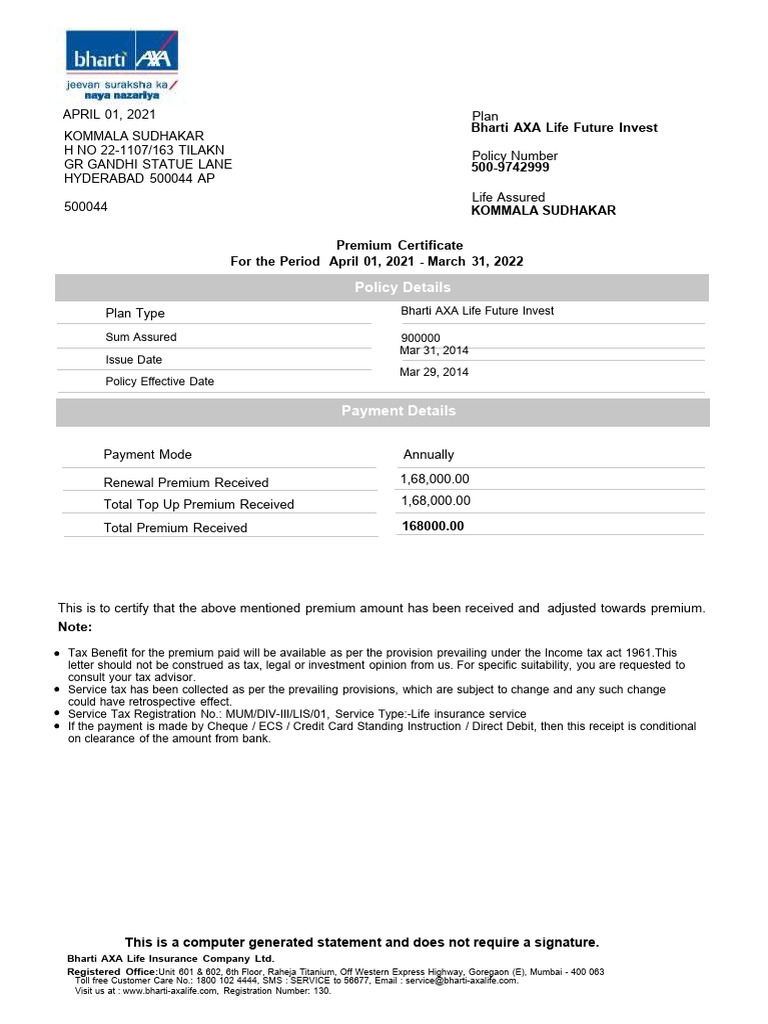 Bharti AXA Life Insurance Premium Receipt | PDF | Insurance | Payments