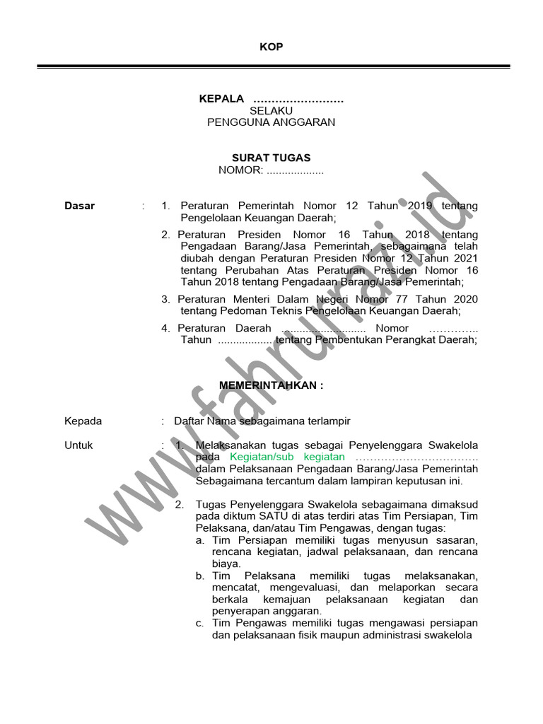Contoh ST Penyelenggara Swakelola Tipe 1 | PDF