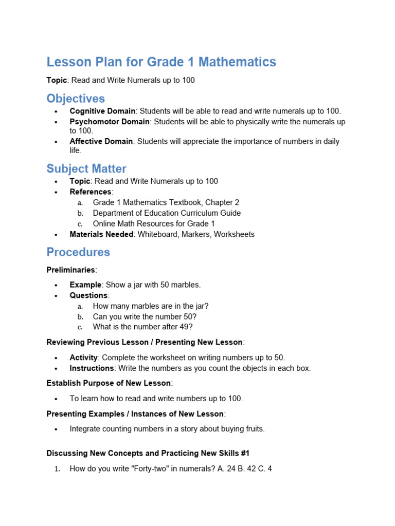 Read and Write Numerals Up To 100 | PDF | Mathematics | Lesson Plan