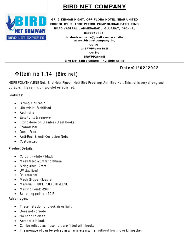 TDS of Bird Net | PDF