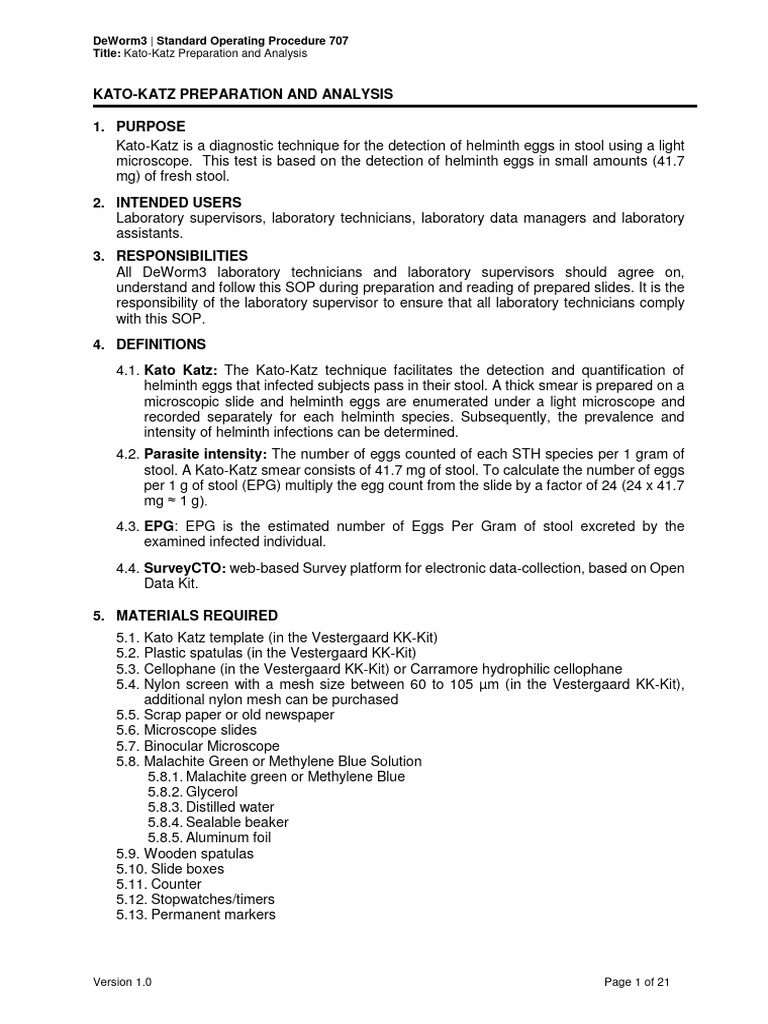 Kato-Katz Stool Analysis SOP Guide | PDF | Barcode | Microscope