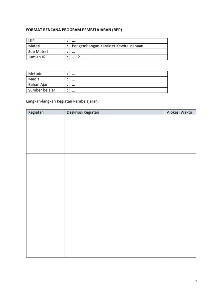 Template RPP PKW 2024 Pengembangan Karakter Kewirausahaan | PDF