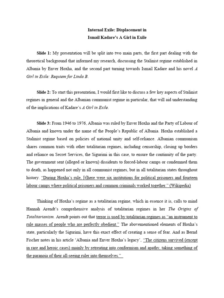 Internal Exile. Displacement in Ismail Kadare's A Girl in Exile | PDF