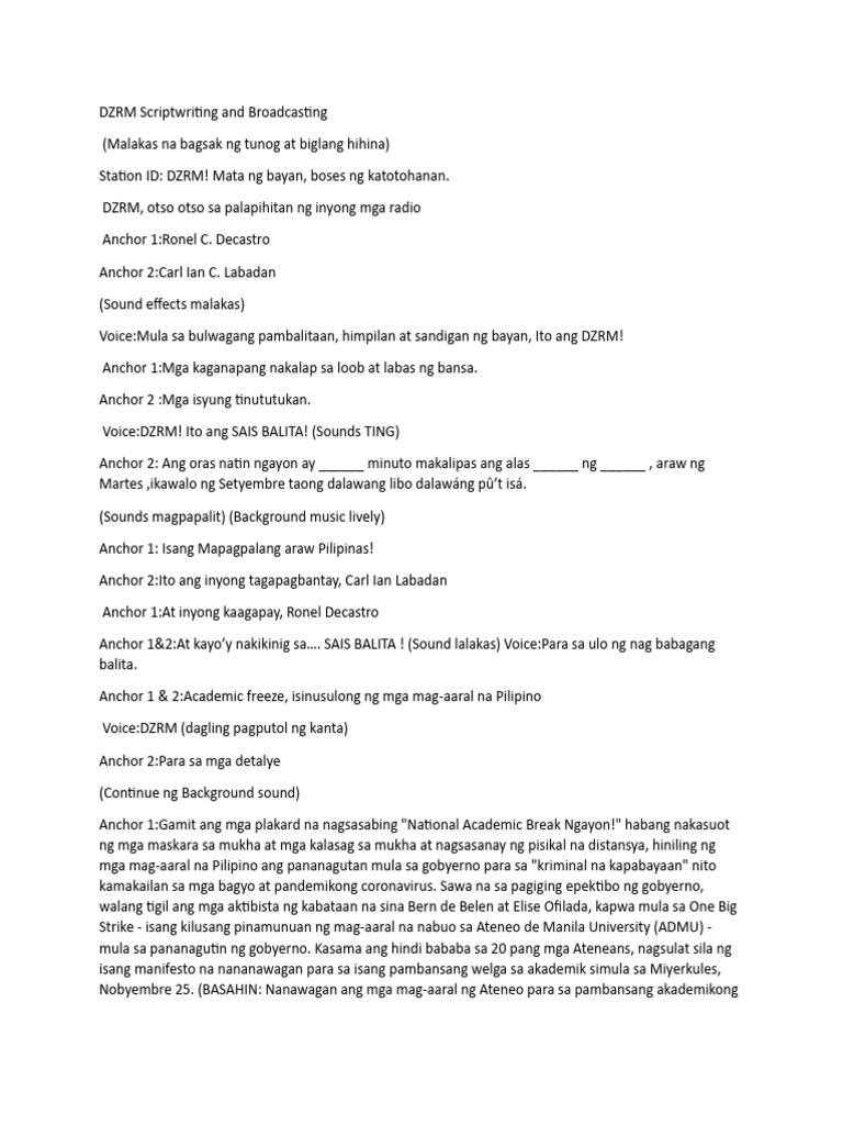 DZRM Scriptwriting and Broadcasting | PDF